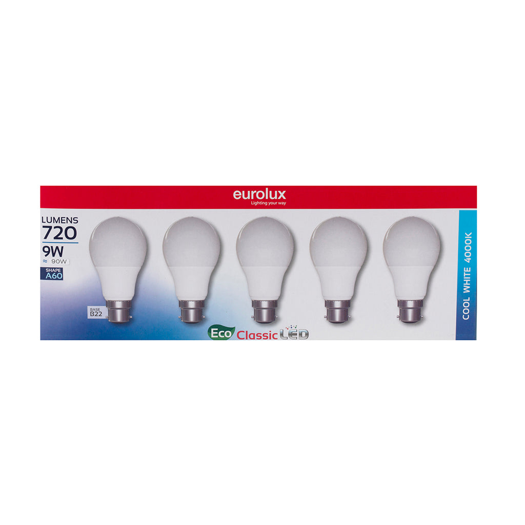 EUROLUX LED 9W A60 B22 5 PACK 720 LUMENS – Hinterland